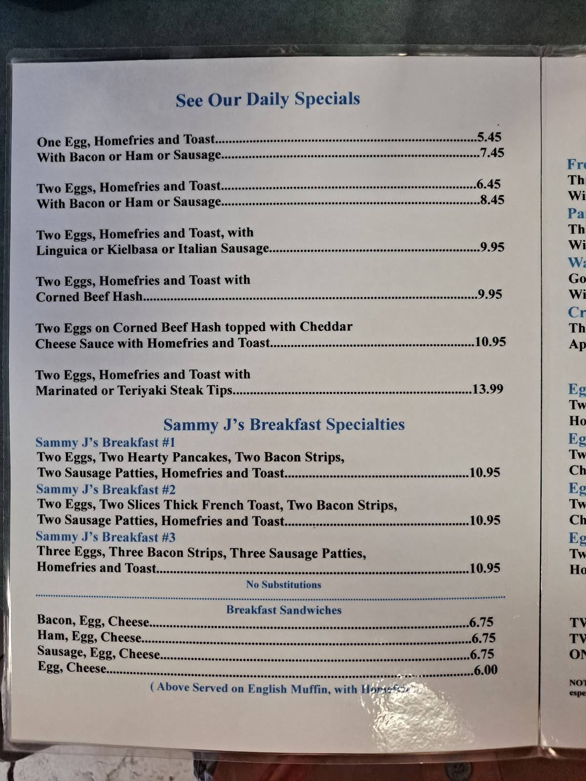 Menu at Sammy J's Boston's Best Breakfast cafe, Flagler Beach
