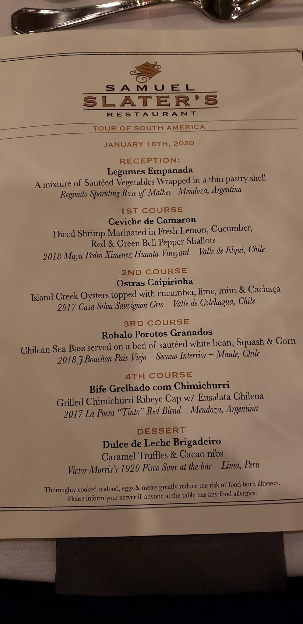 Menu at Samuel Slater's Restaurant, Webster
