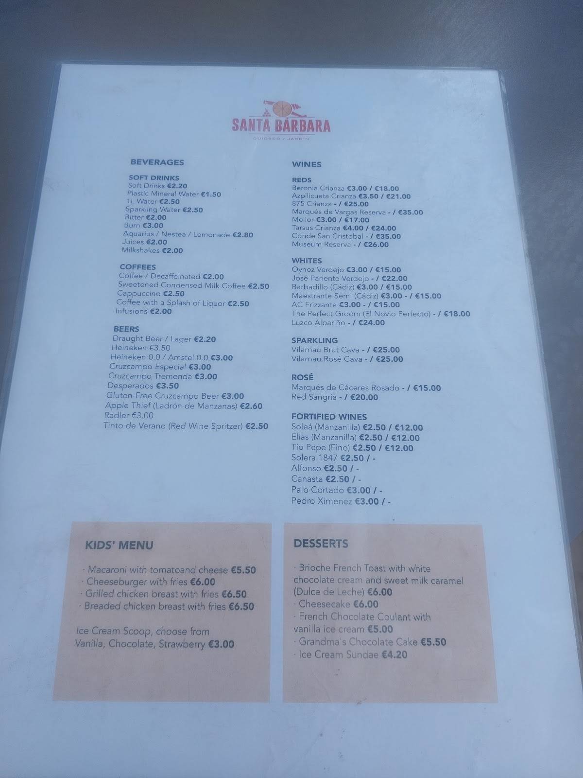Carta de Santa Bárbara Quiosco, Sevilla, Av. de la Buhaira