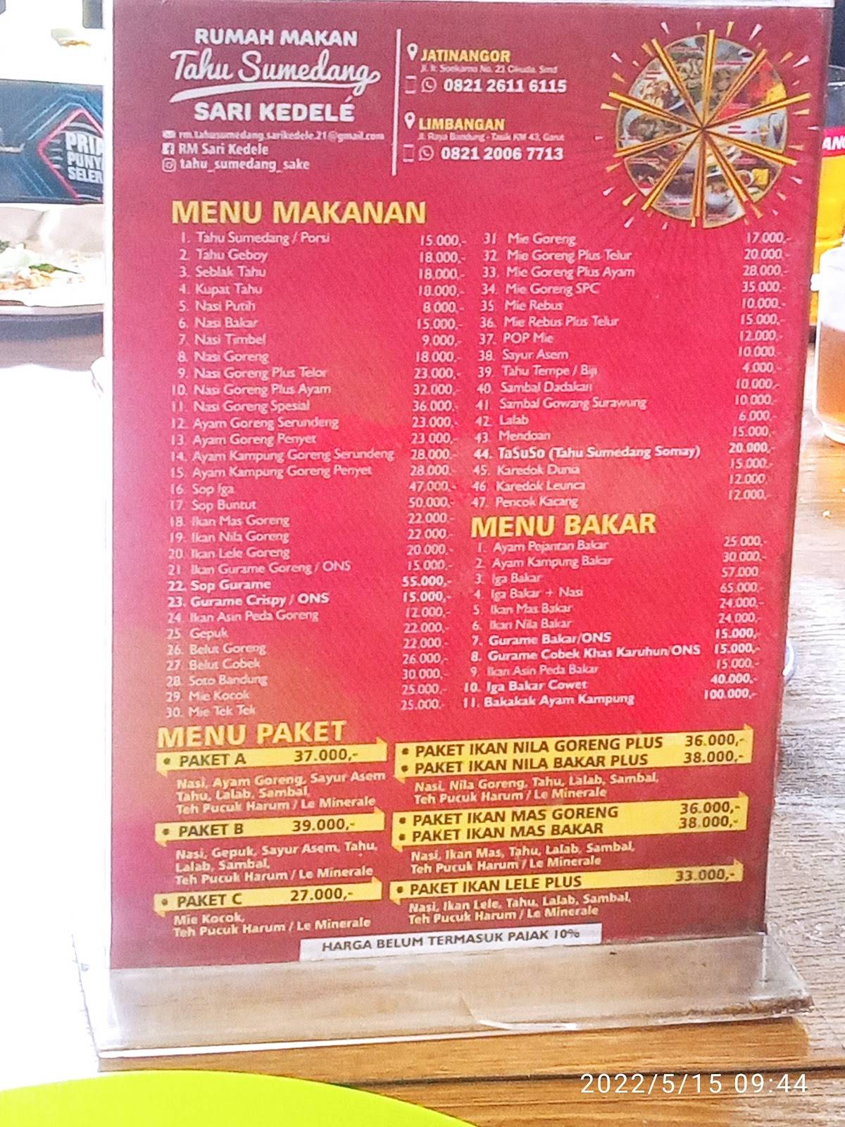 Menu at Sari Kedele Rumah Makan Tahu Sumedang restaurant, Jatiroke
