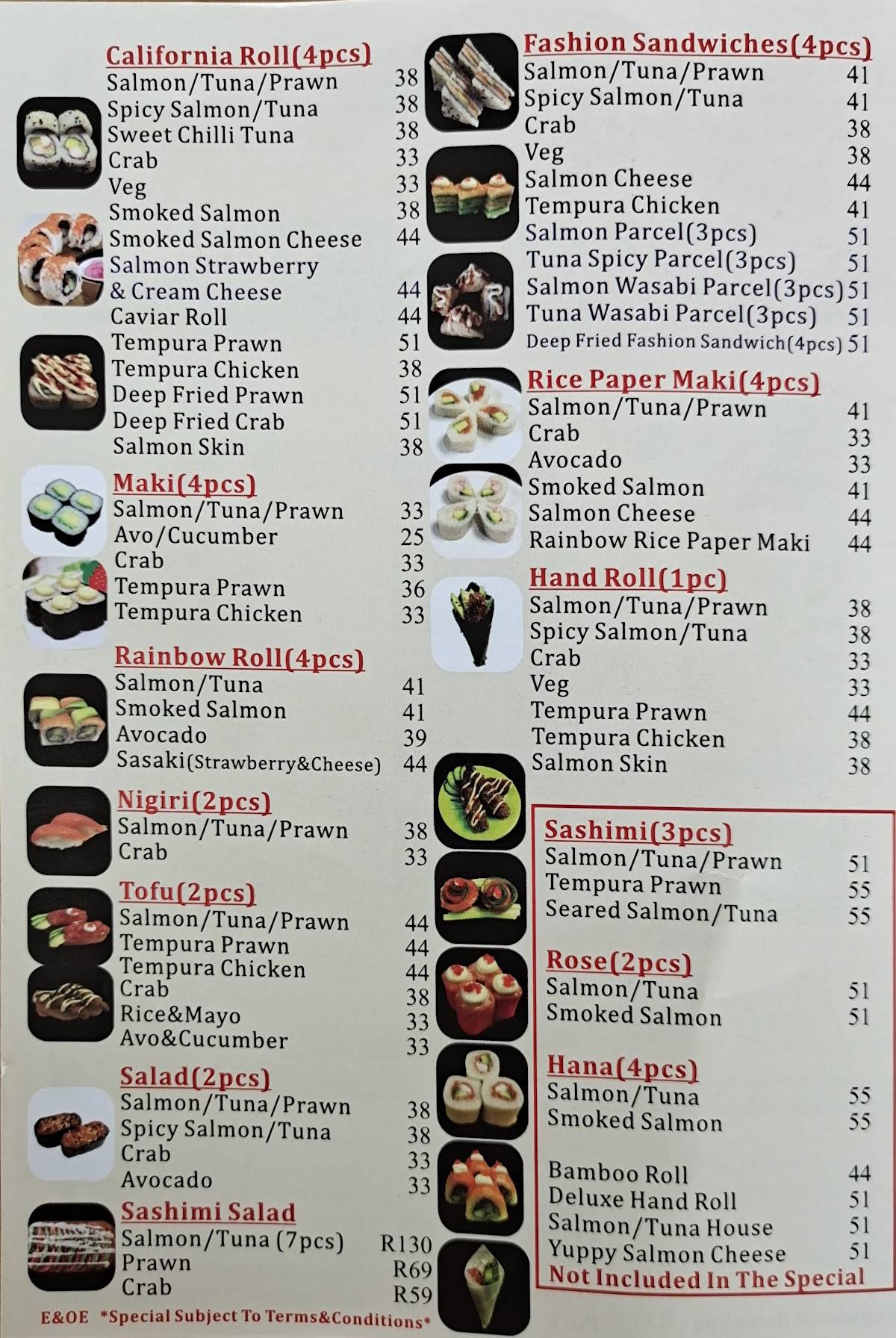 Menu at Sasaki Sushi Chinese Food Serene restaurant, Pretoria