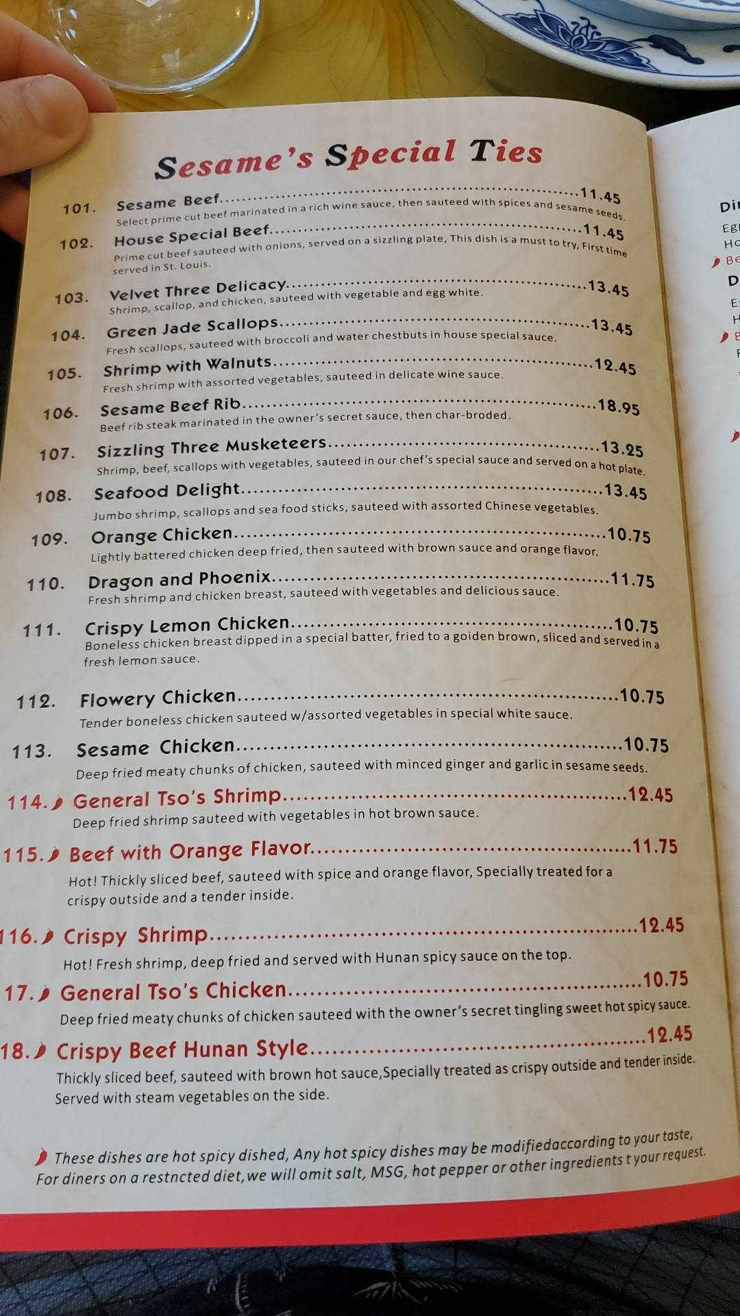 Menu at Sesame restaurant, Crestwood