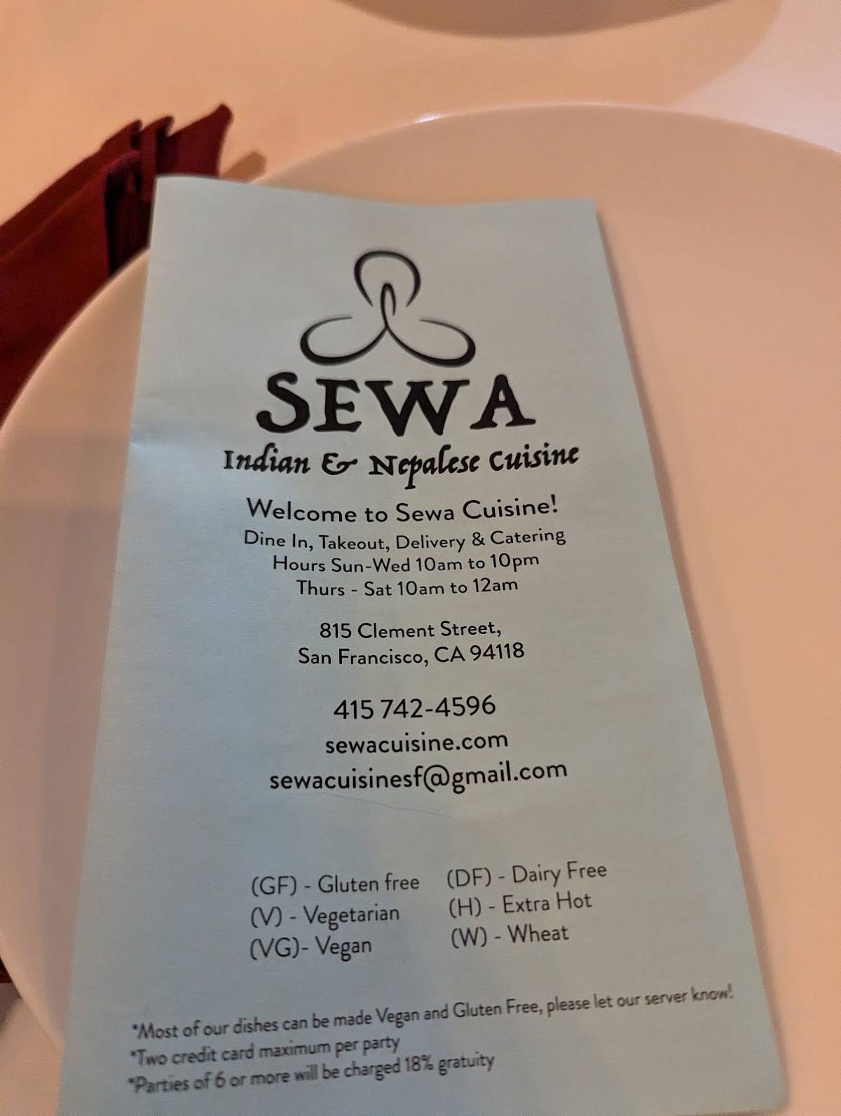 Menu at Sewa Indian and Nepalese Cuisine restaurant, San Francisco