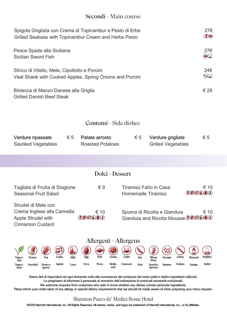 Menu at Sheraton Rome Parco de' Medici Rome, Rome