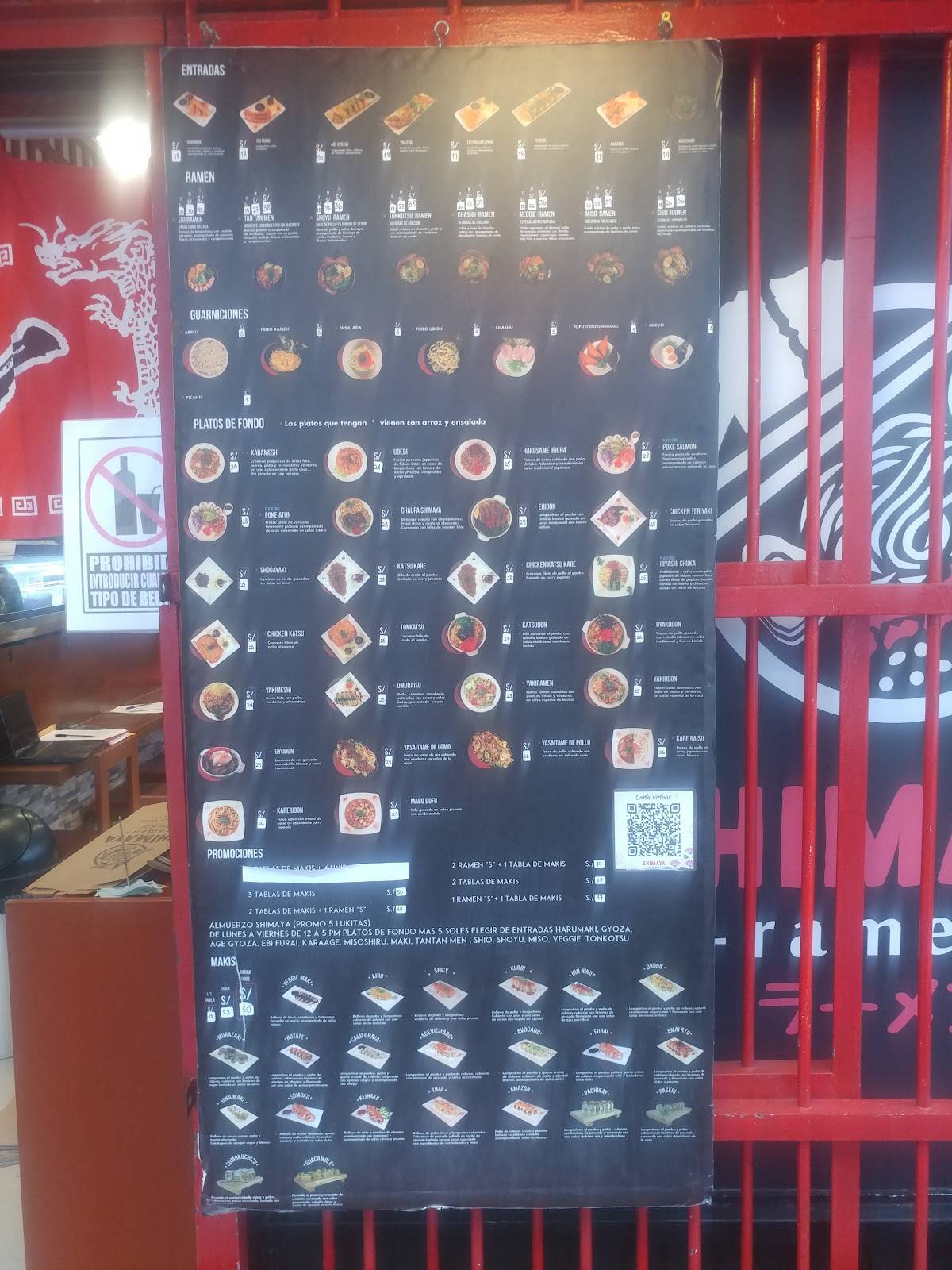 Carta del restaurante Shimaya Ramen, Jesus Maria, P.º Belaunde Terry 20