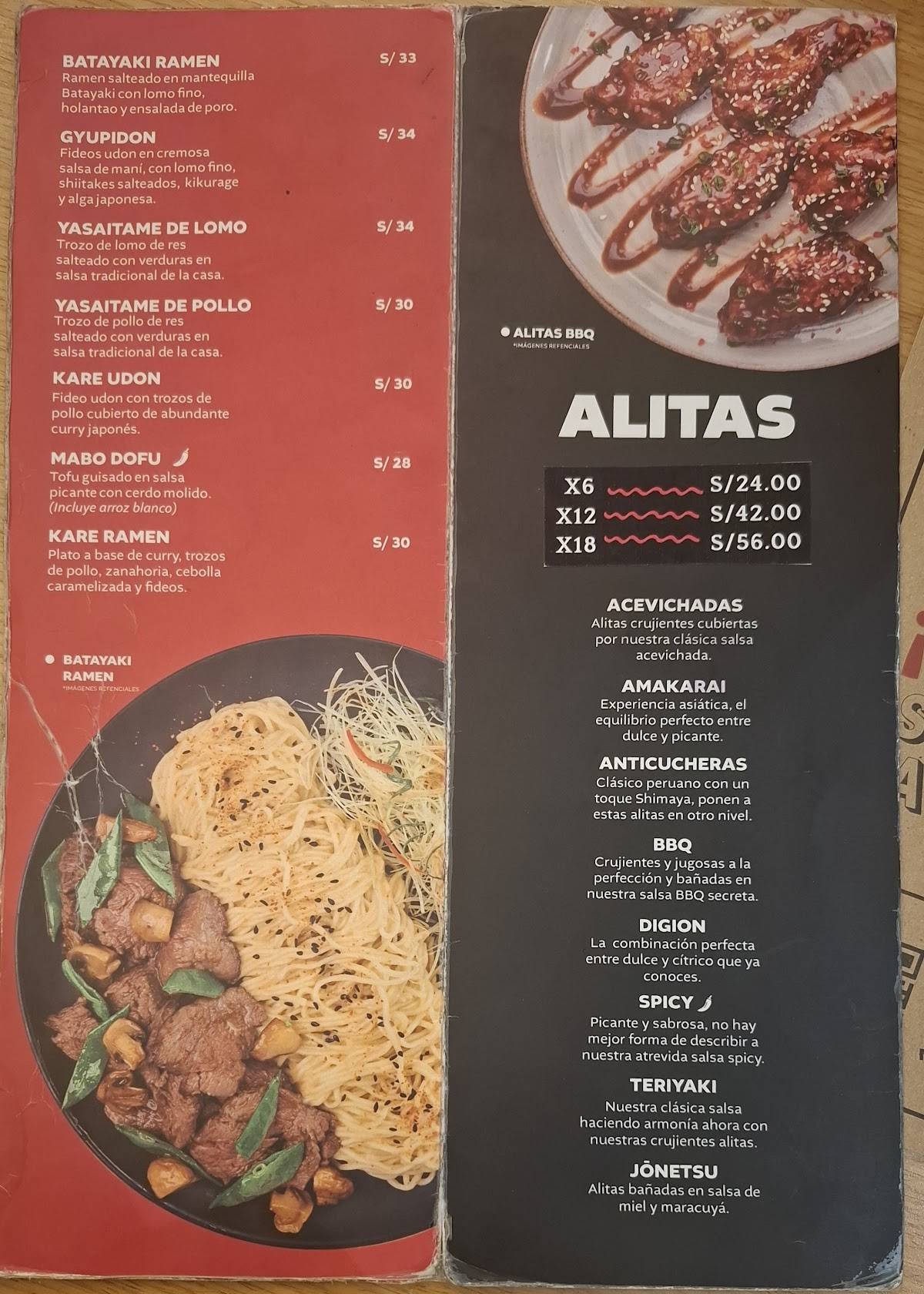 Carta del restaurante Shimaya Ramen, Jesus Maria, P.º Belaunde Terry 20