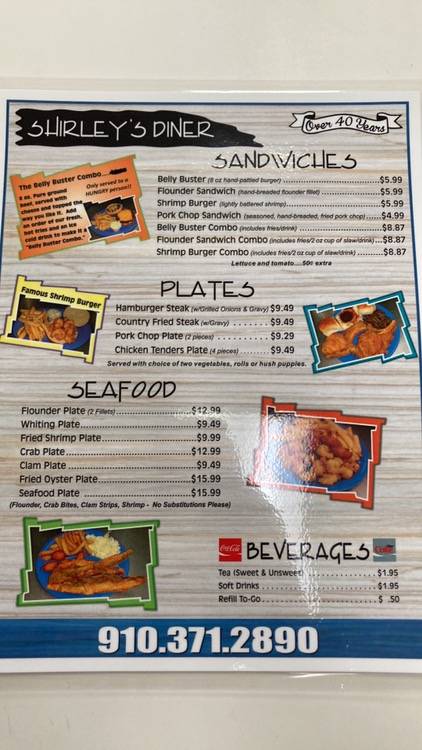 Menu at Shirley's Diner restaurant, Leland