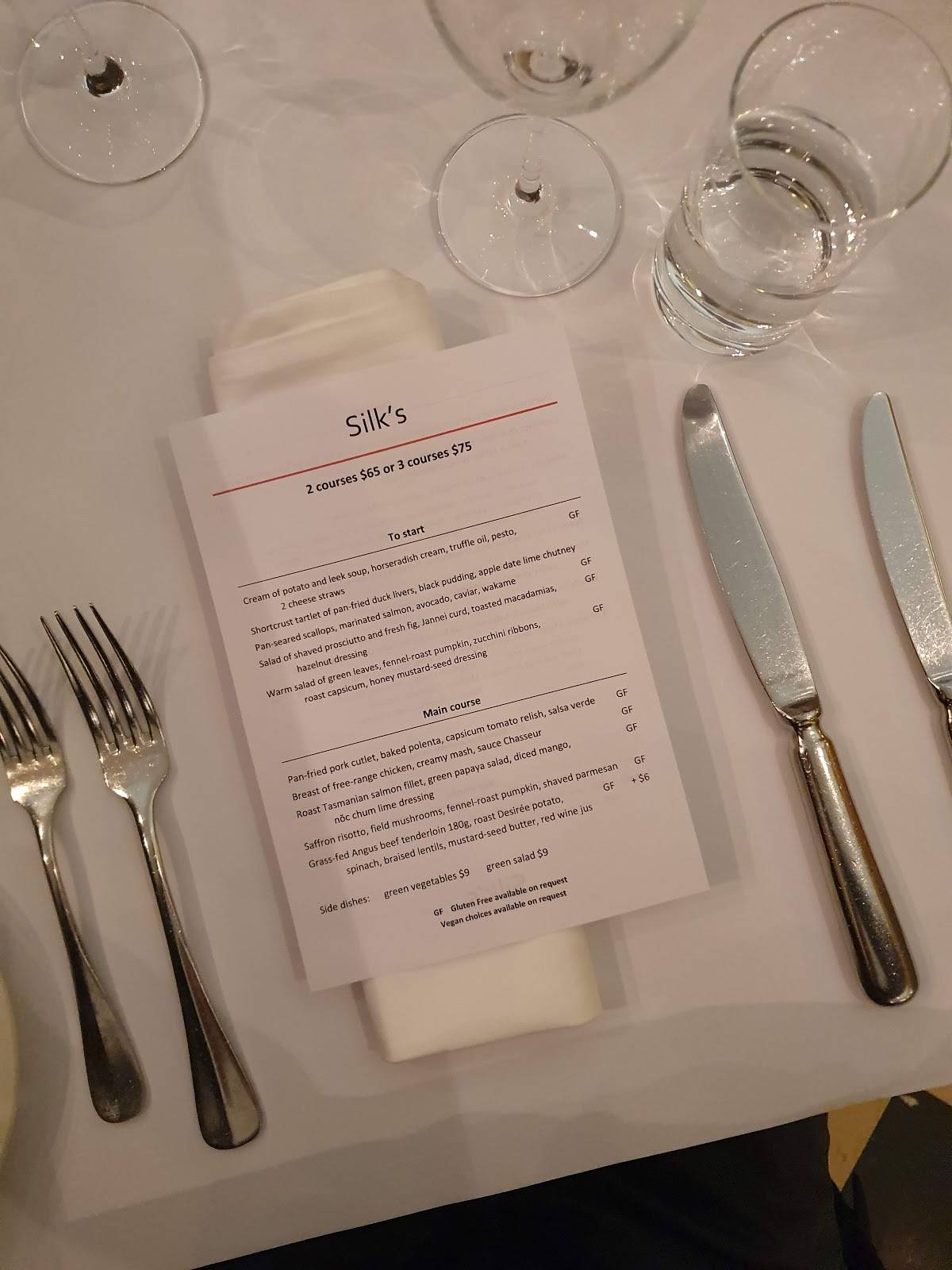 Menu at Silk's Brasserie restaurant, Wentworth Falls