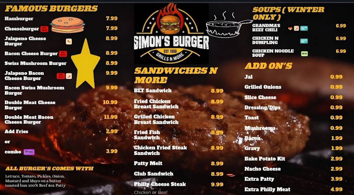 Menu at Simon's Burger Grill & More restaurant, Needville