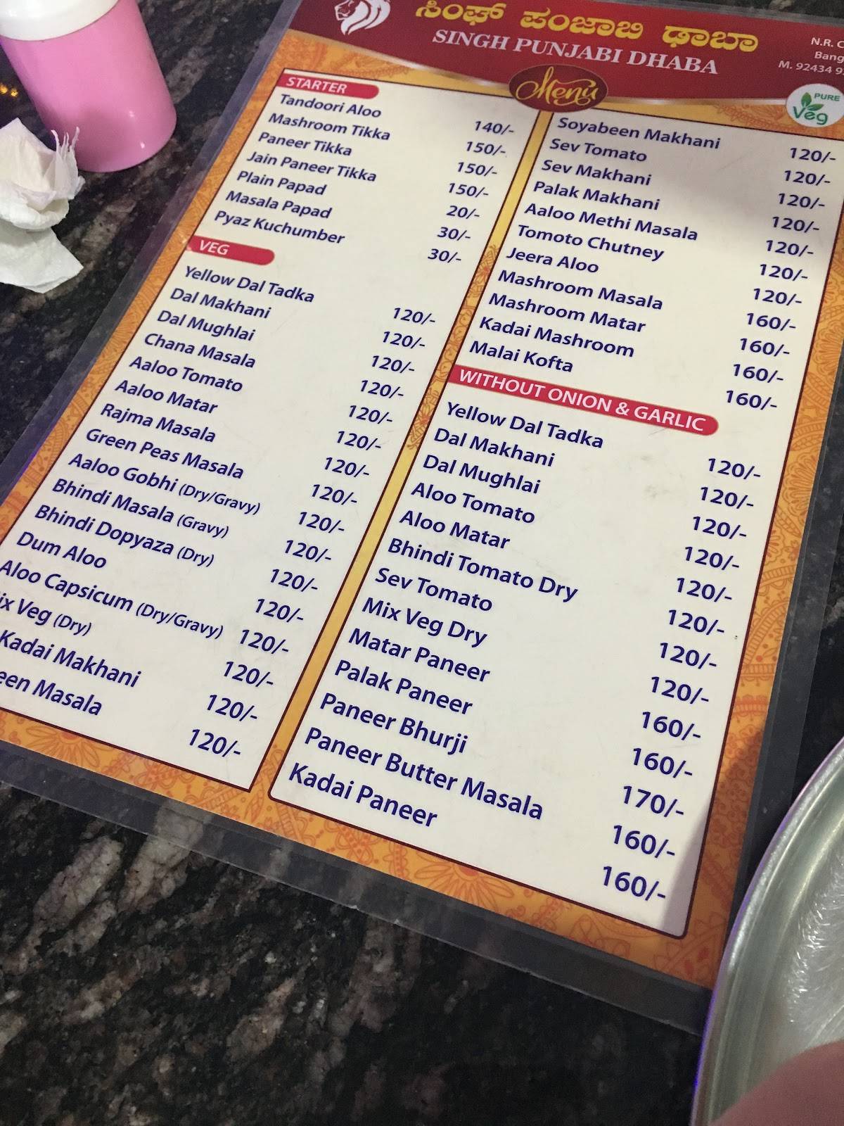 Menu at Singh Punjabi Dhaba, Bengaluru, 18