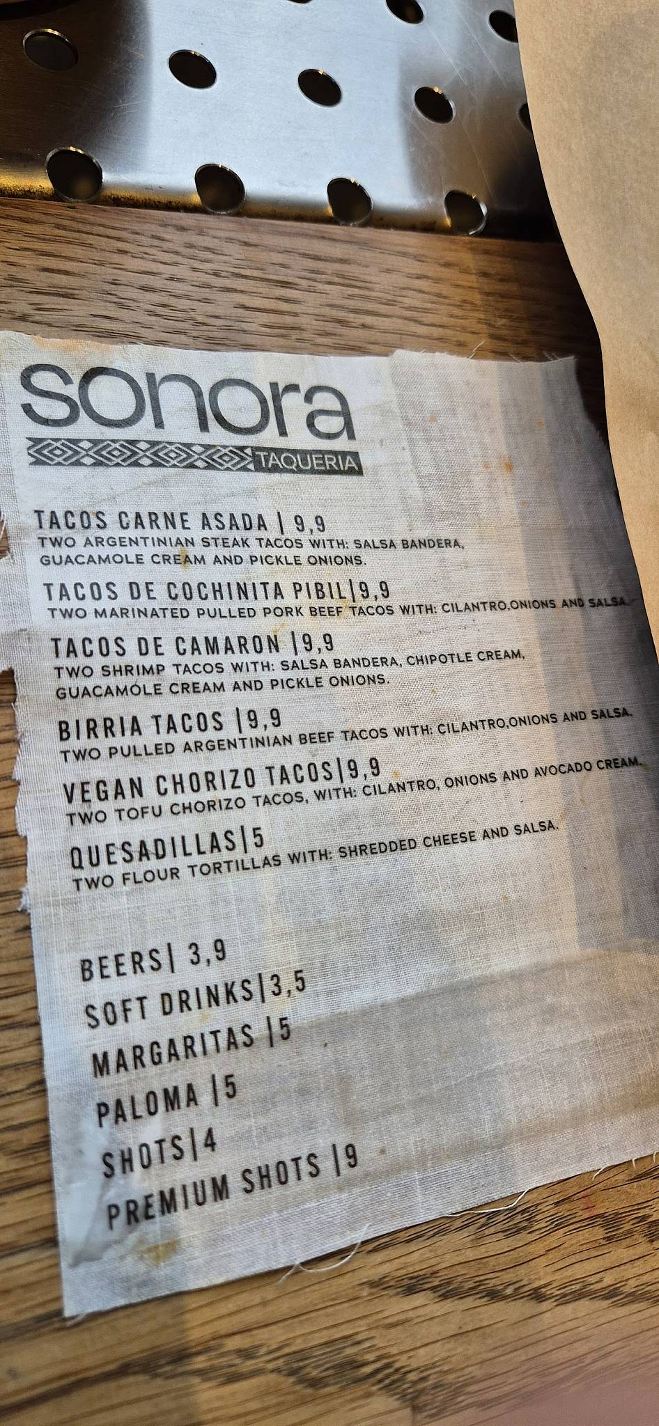Speisekarte von Sonora Taqueria restaurant, Frankfurt am Main