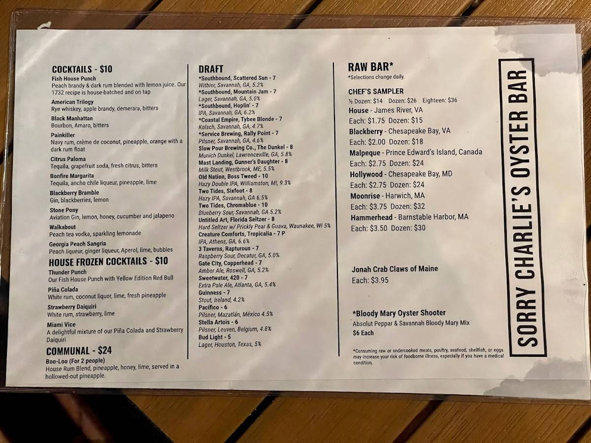 Menu at Sorry Charlie's Oyster Bar, Savannah