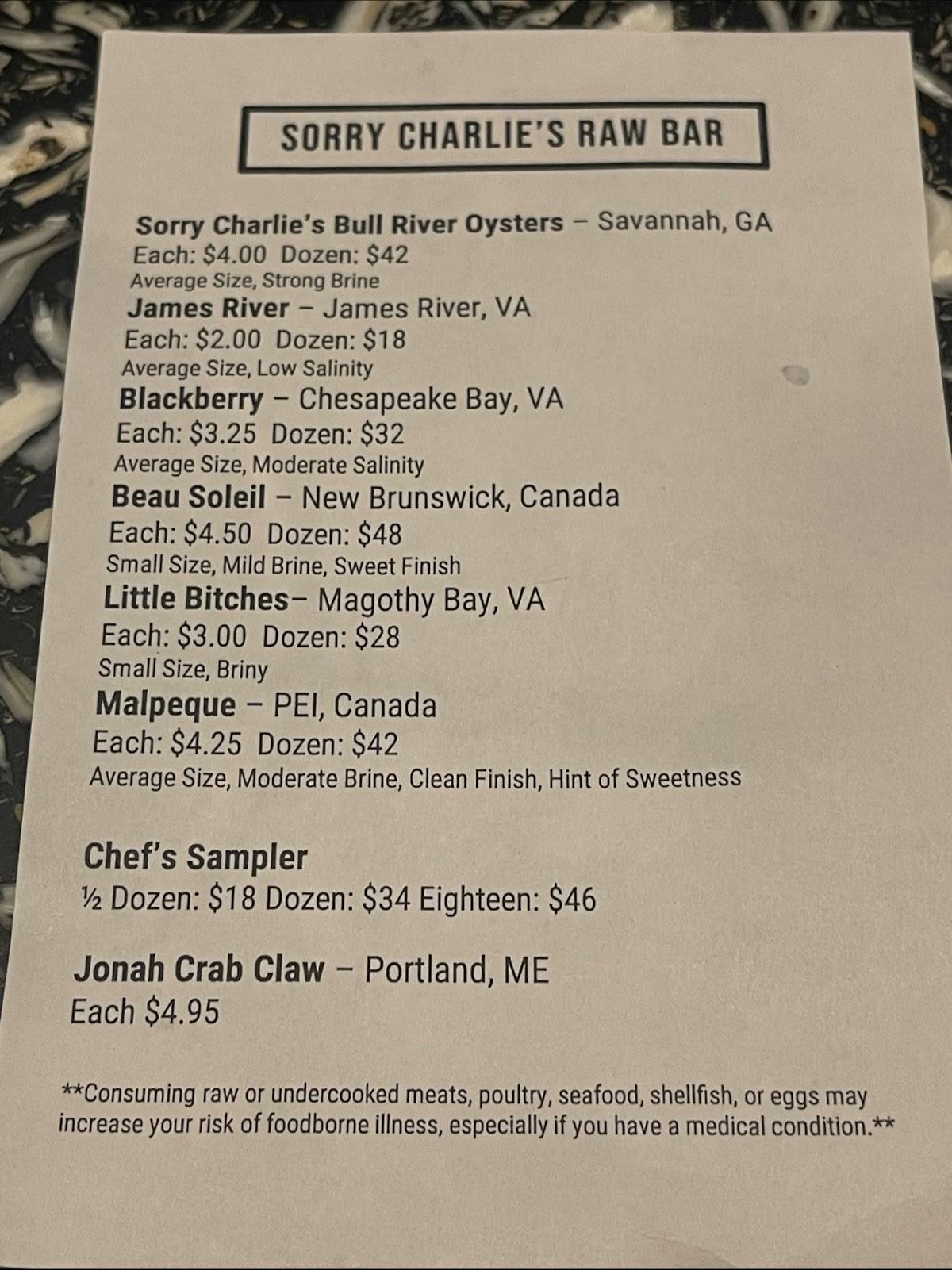 Menu at Sorry Charlie's Oyster Bar, Savannah