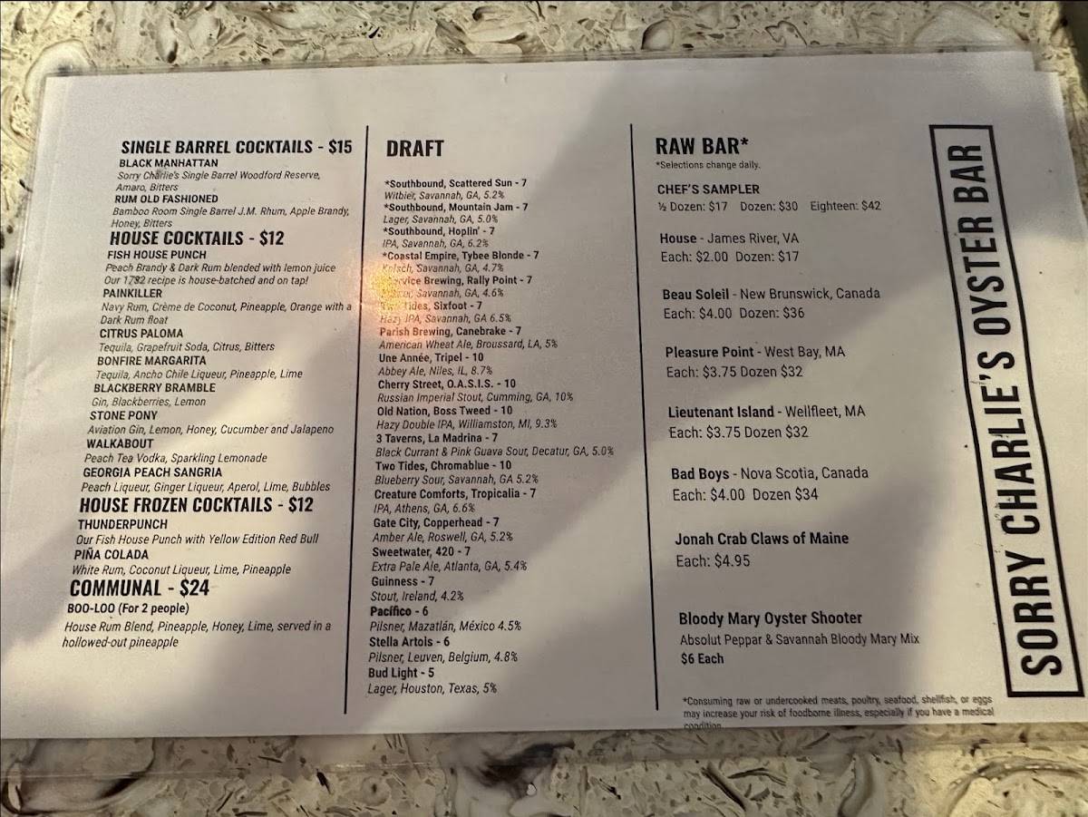Menu at Sorry Charlie's Oyster Bar, Savannah