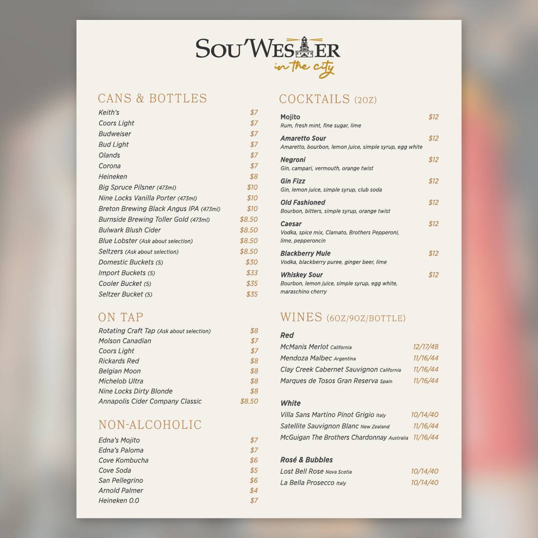 Menu at Sou'Wester in the City Restaurant & Social, Bedford