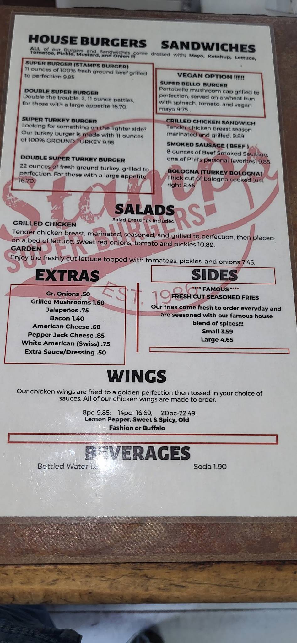 Menu at Stamps Super Burgers restaurant, Jackson, Dalton St