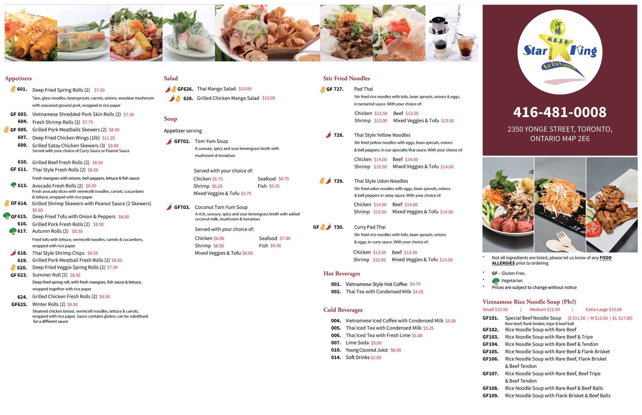 Menu at Star King Viet Thai Cuisine restaurant, Toronto, Yonge St