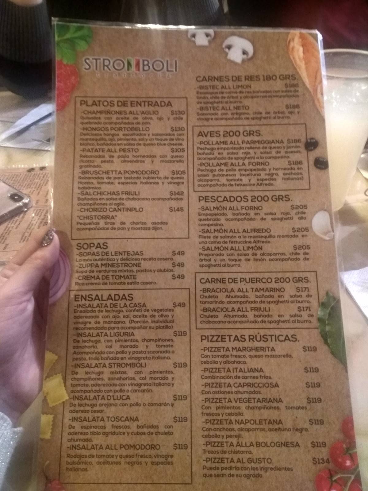 Carta de Restaurante Stromboli Trattoria Gomez Farias, Hermosillo