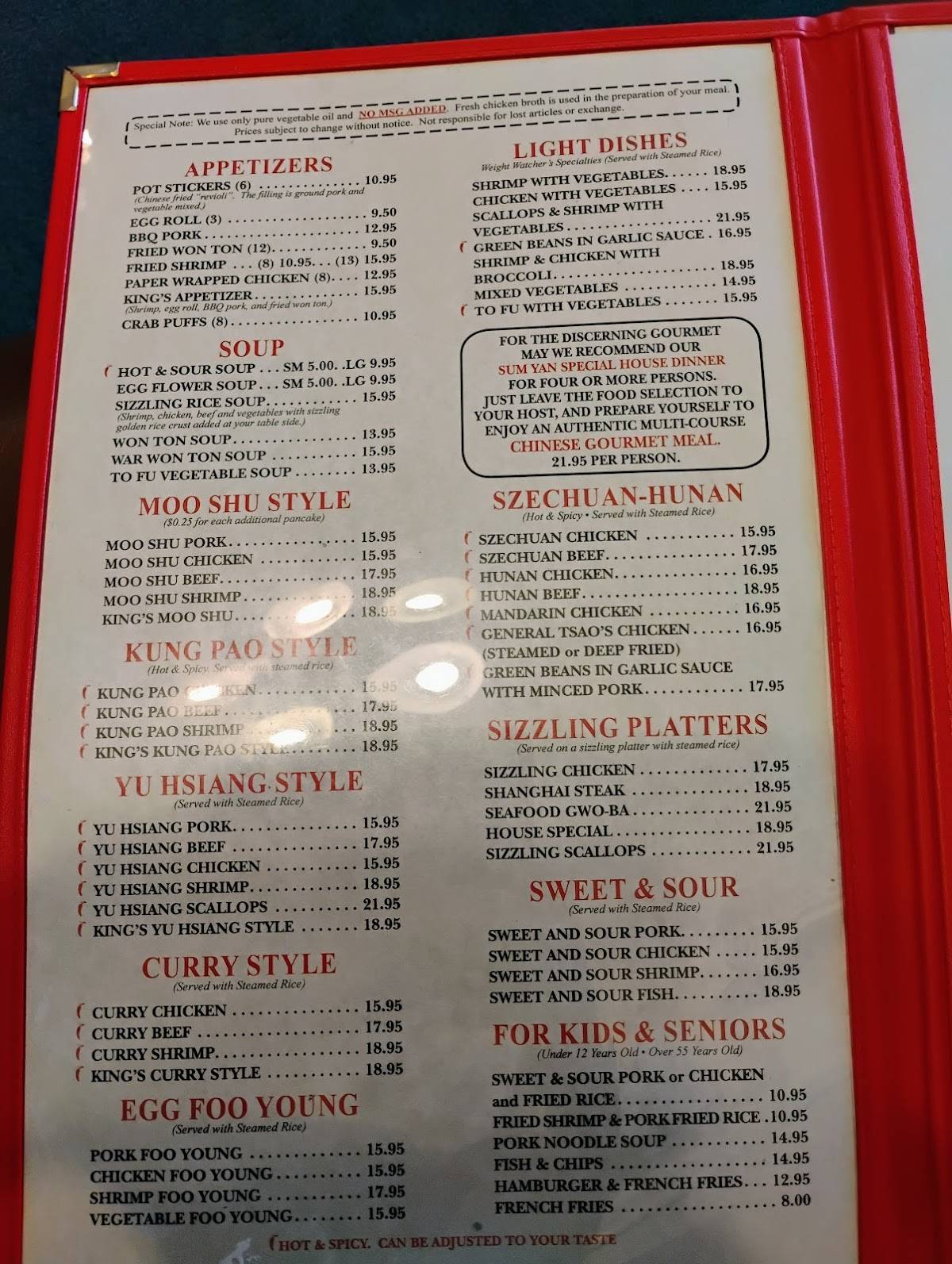 Menu at Sum Yan restaurant, Lebanon