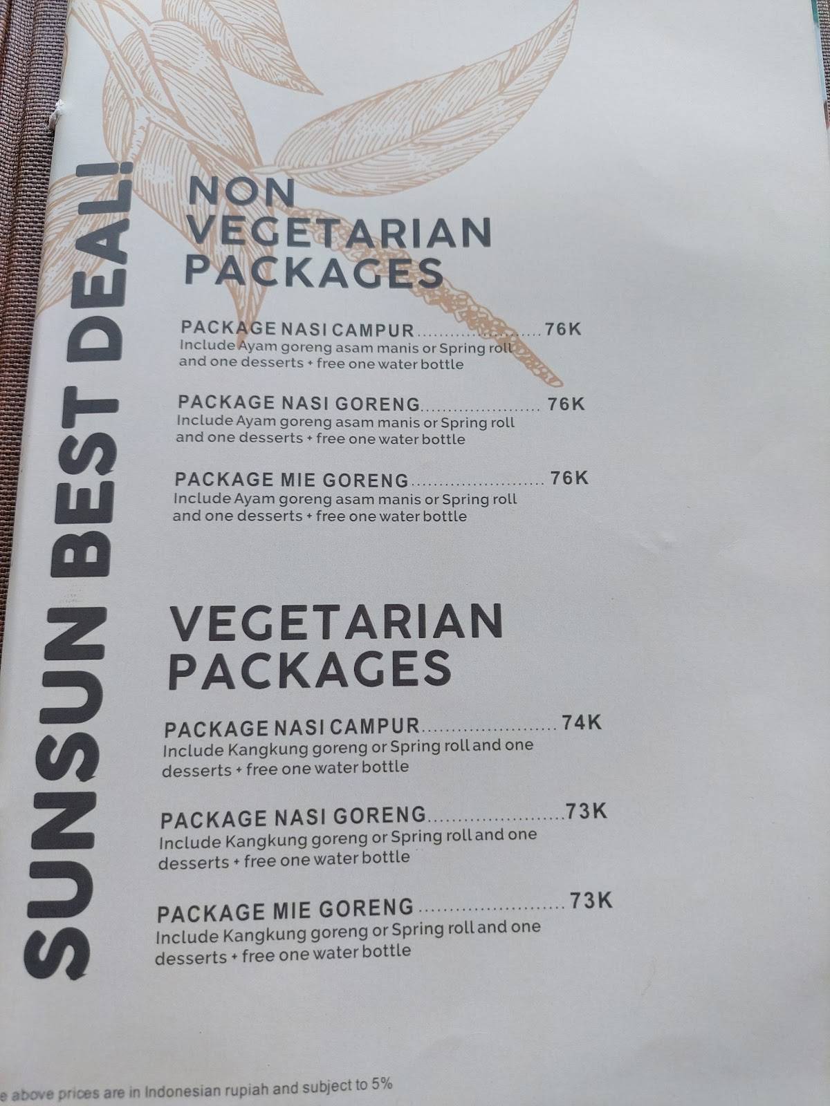 Menu at Sun Sun Warung restaurant, Ubud
