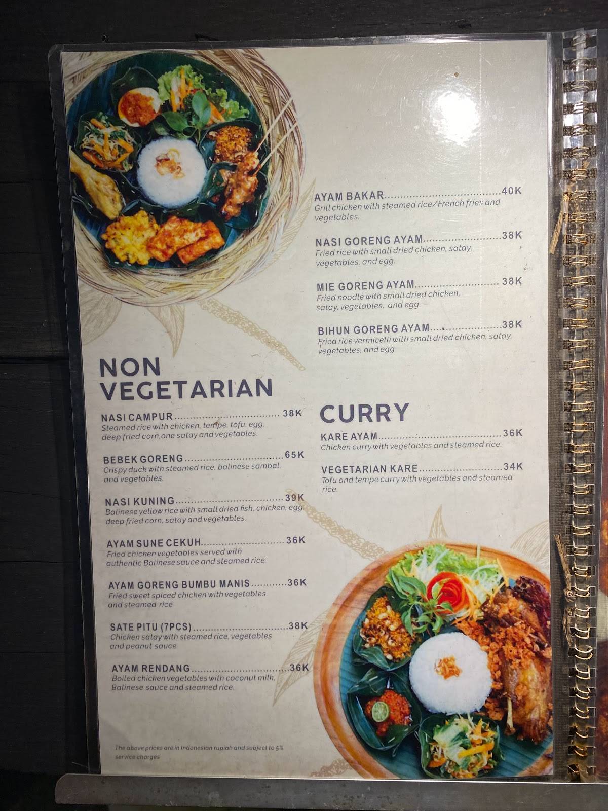 Menu at Sun Sun Warung restaurant, Ubud