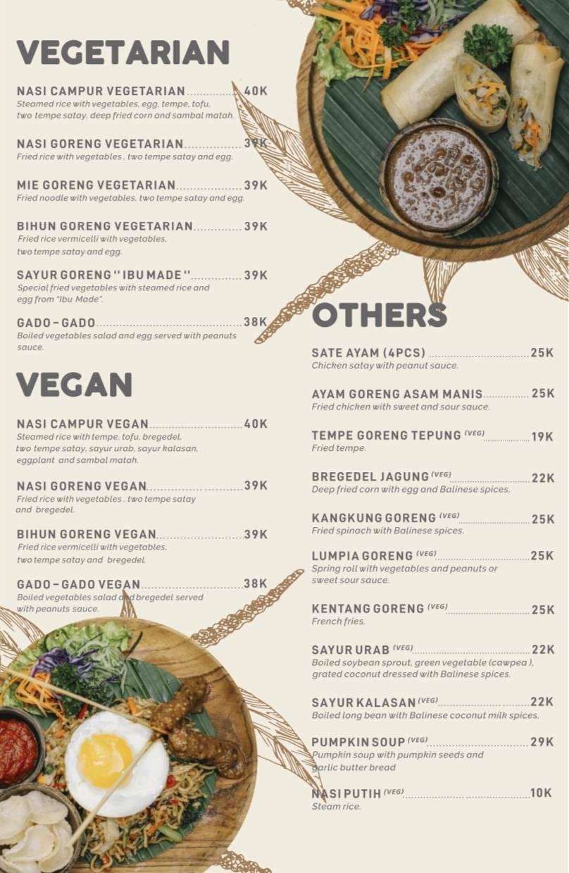 Menu at Sun Sun Warung restaurant, Ubud