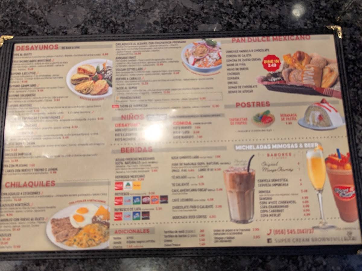 Menu at Super Cream restaurant, Brownsville, Ruben M Torres Blvd