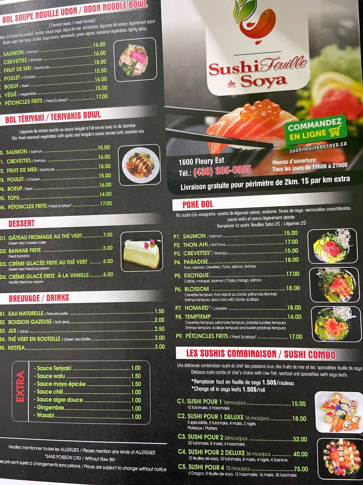 Menu au Sushi Feuille de Soya restaurant, Montréal