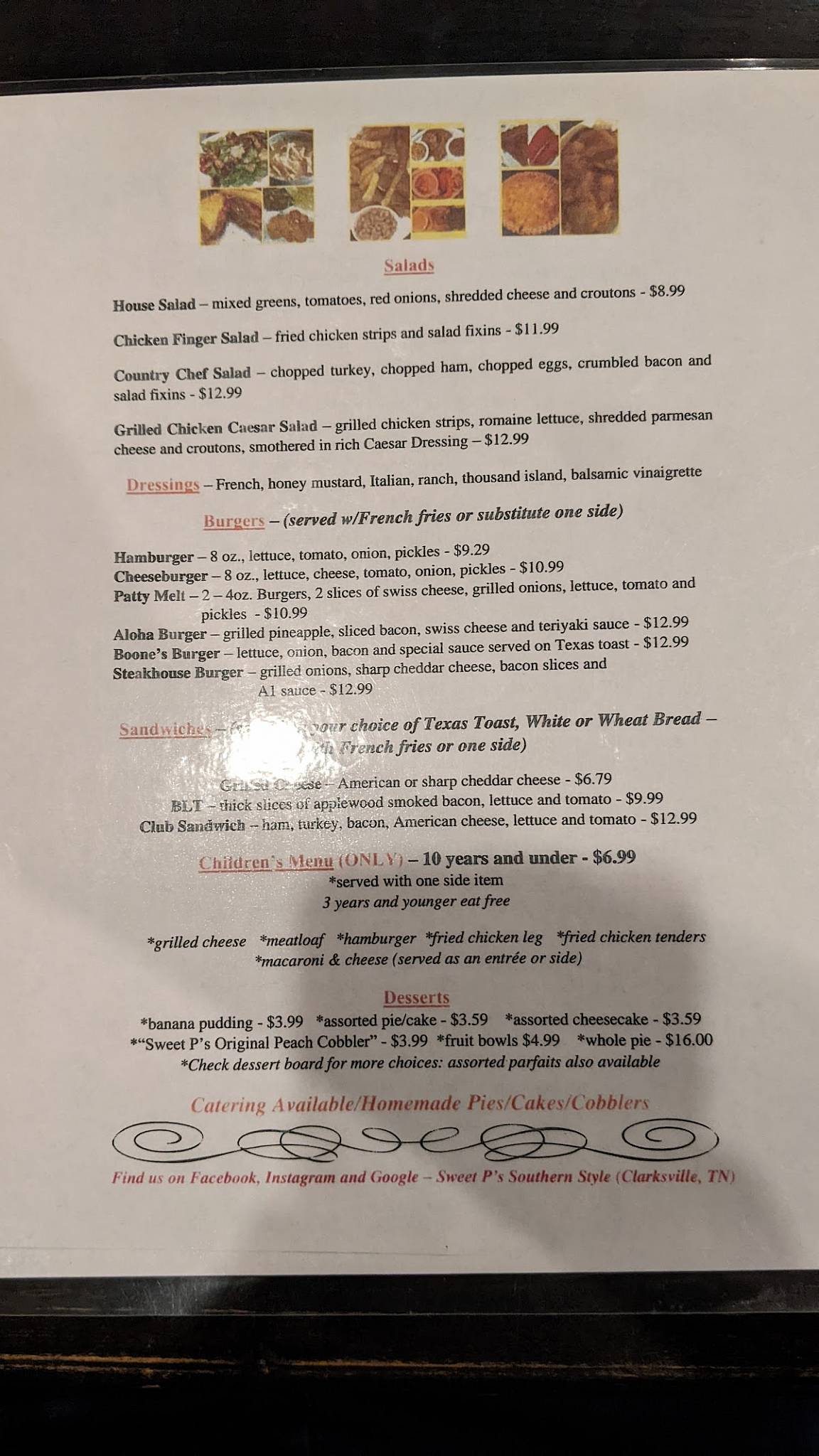 Menu at Sweet P's Southern Style restaurant, Clarksville