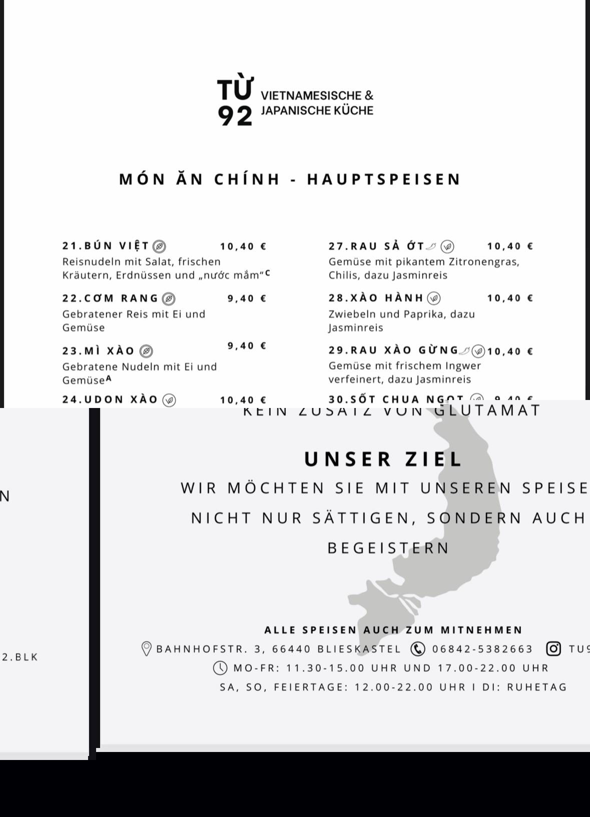 Speisekarte von TU 92 Restaurant - Blieskastel, Blieskastel