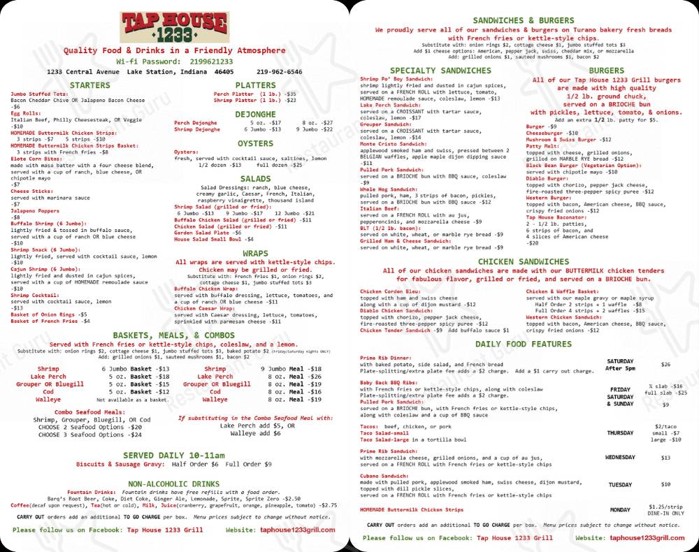 Menu at Tap House 1233 Grill restaurant, Lake Station
