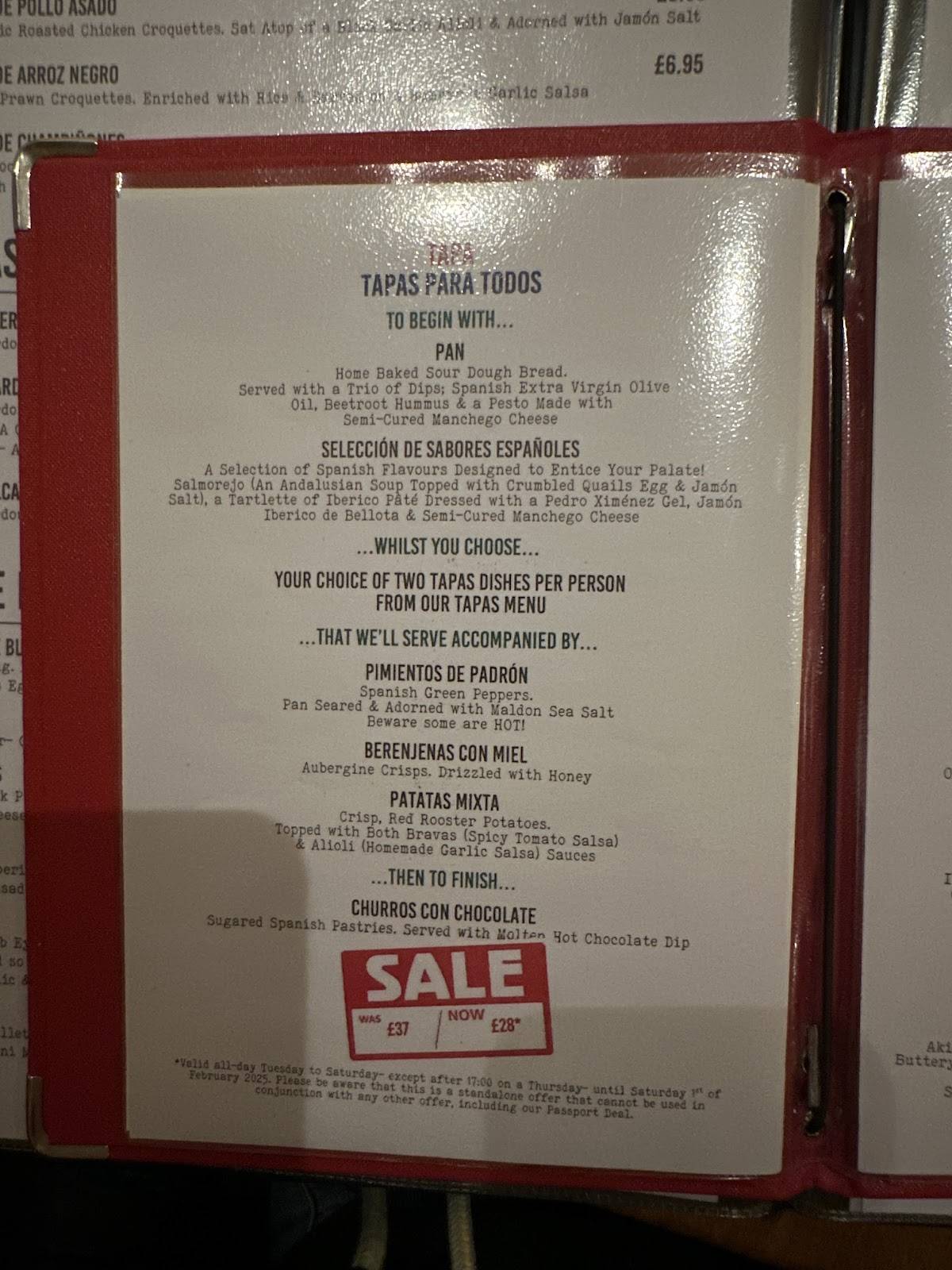 Menu at Tapa restaurant, Edinburgh, 19 Shore Pl