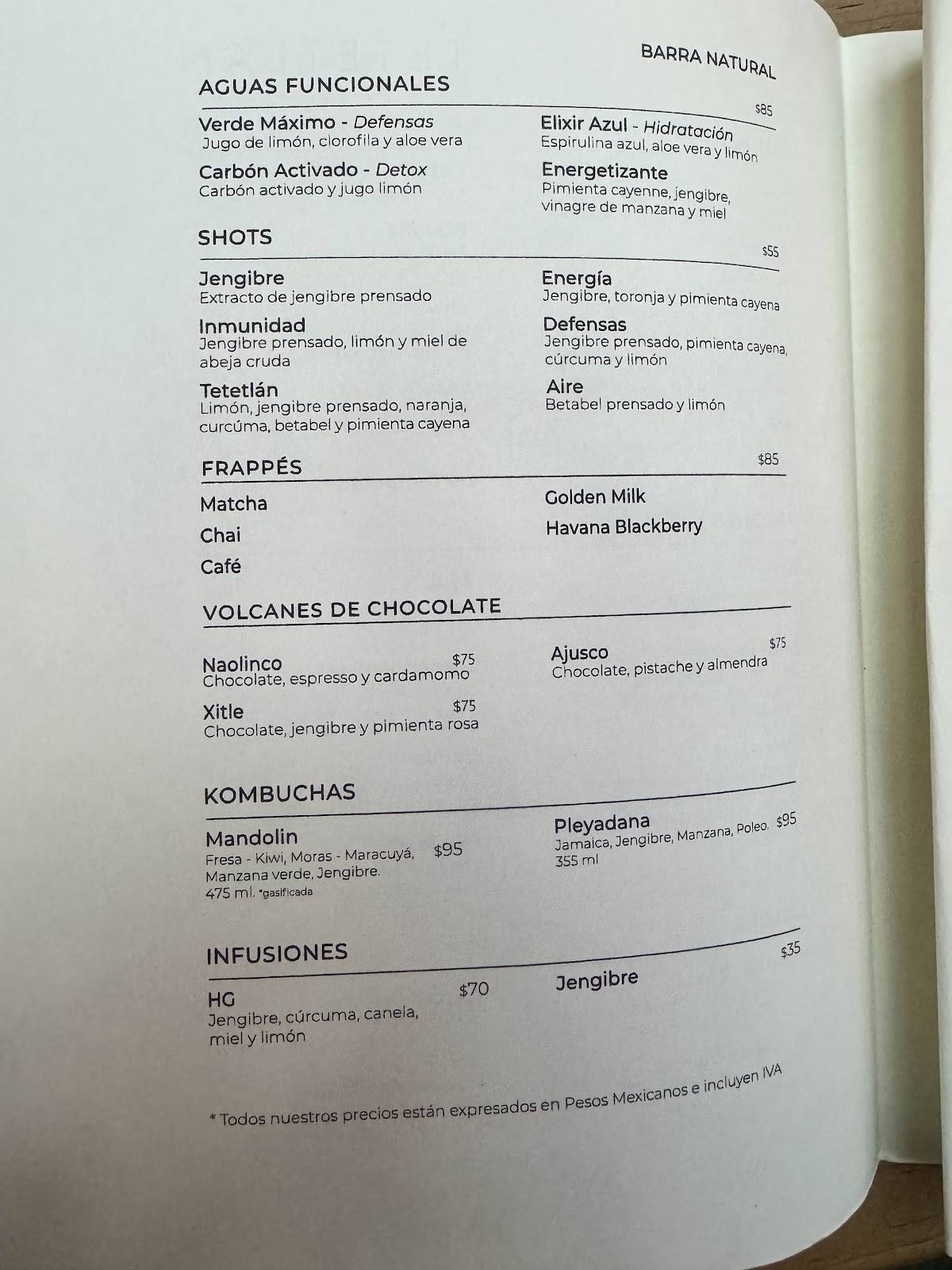 Carta del restaurante Tetetlán, Ciudad del México