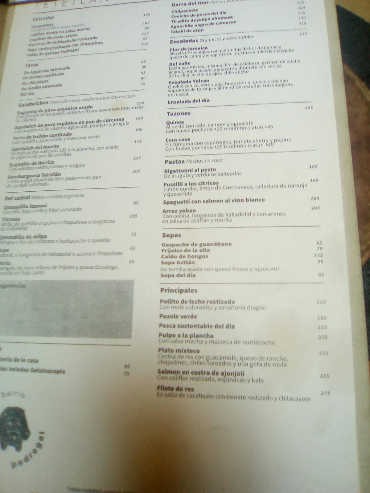 Carta del restaurante Tetetlán, Ciudad del México