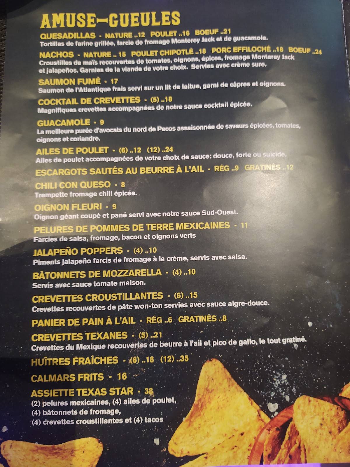 Menu au Restaurant Texas Star, Saint-Eustache, 477 25e Av