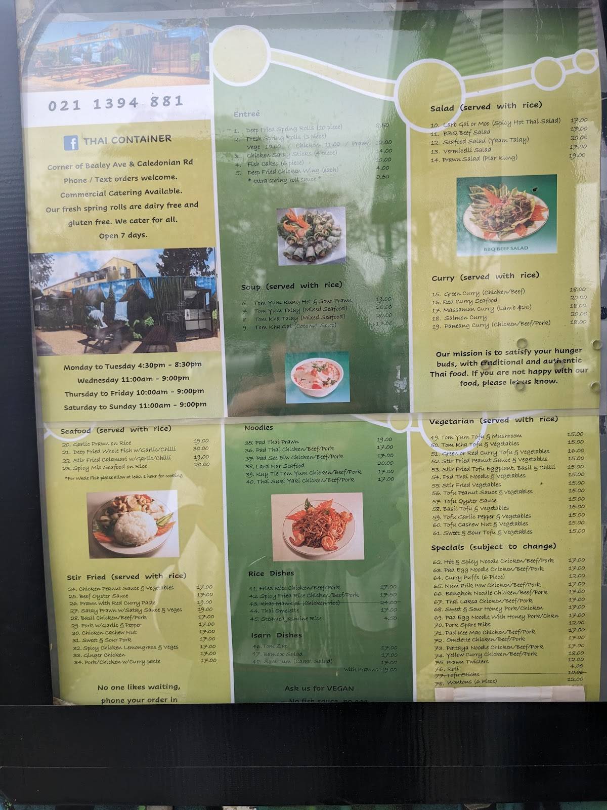 Menu at Thai Container restaurant, Christchurch, 151 Bealey Ave