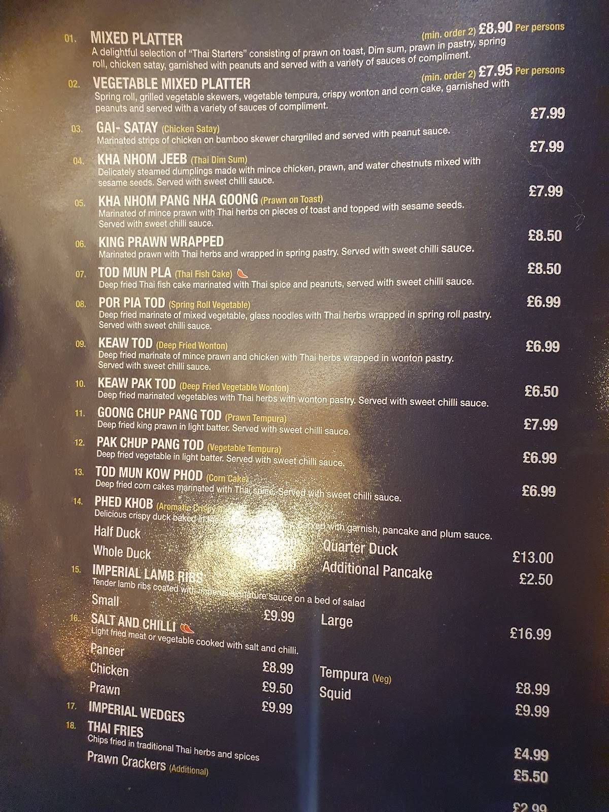 Menu at Thai Imperial restaurant, Ilford