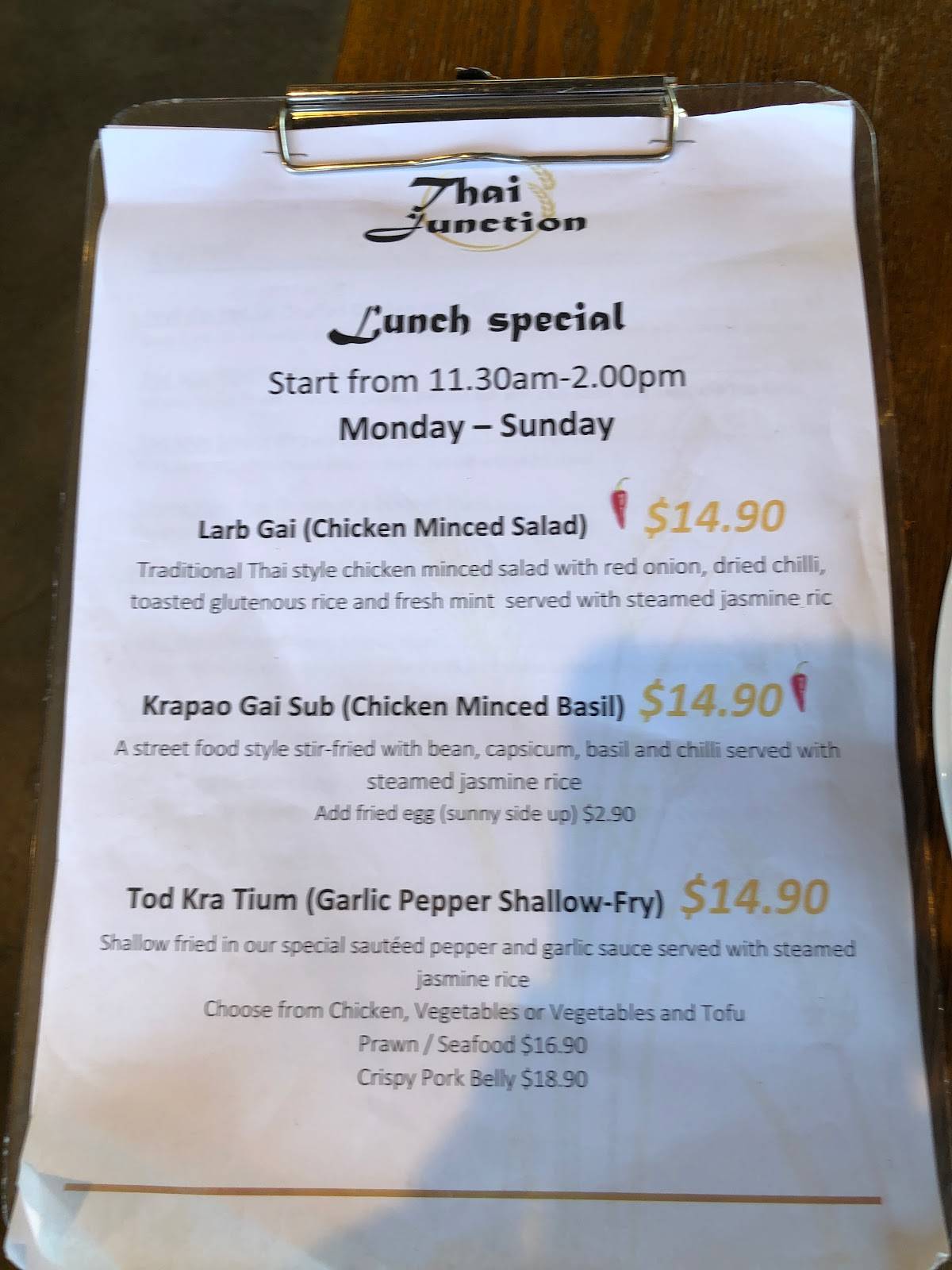 Menu at Thai Junction restaurant, Willetton