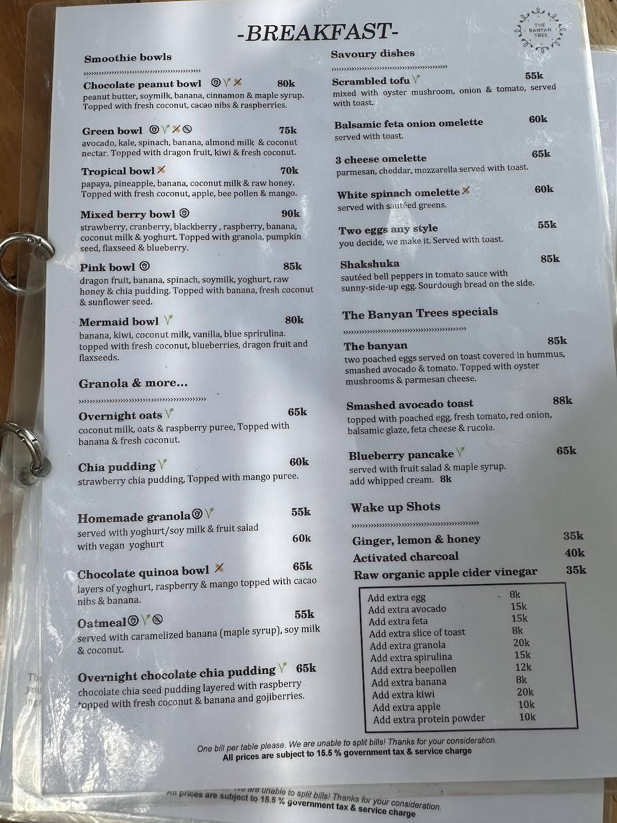 Menu at The Banyan Tree restaurant, Gili Indah