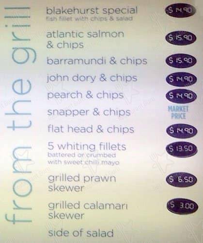 Menu at Bridge Seafoods at Tom Ugly's restaurant, Blakehurst