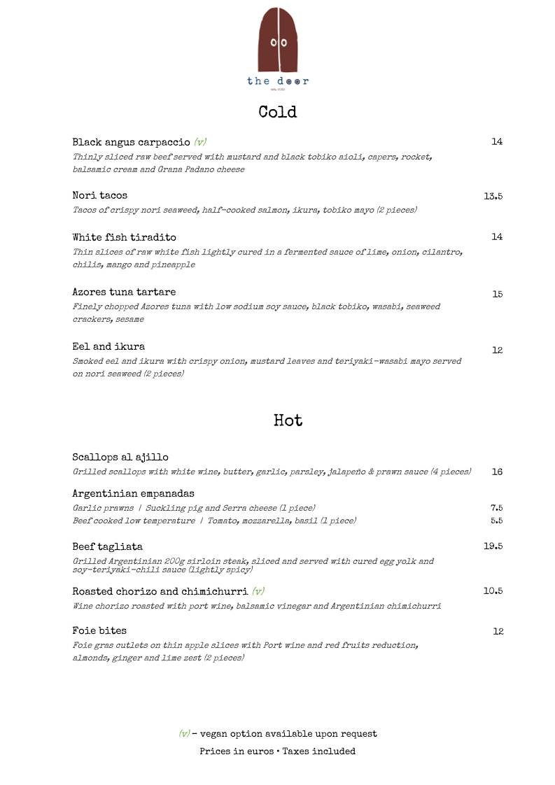 Menu at The Door restaurant, Porto