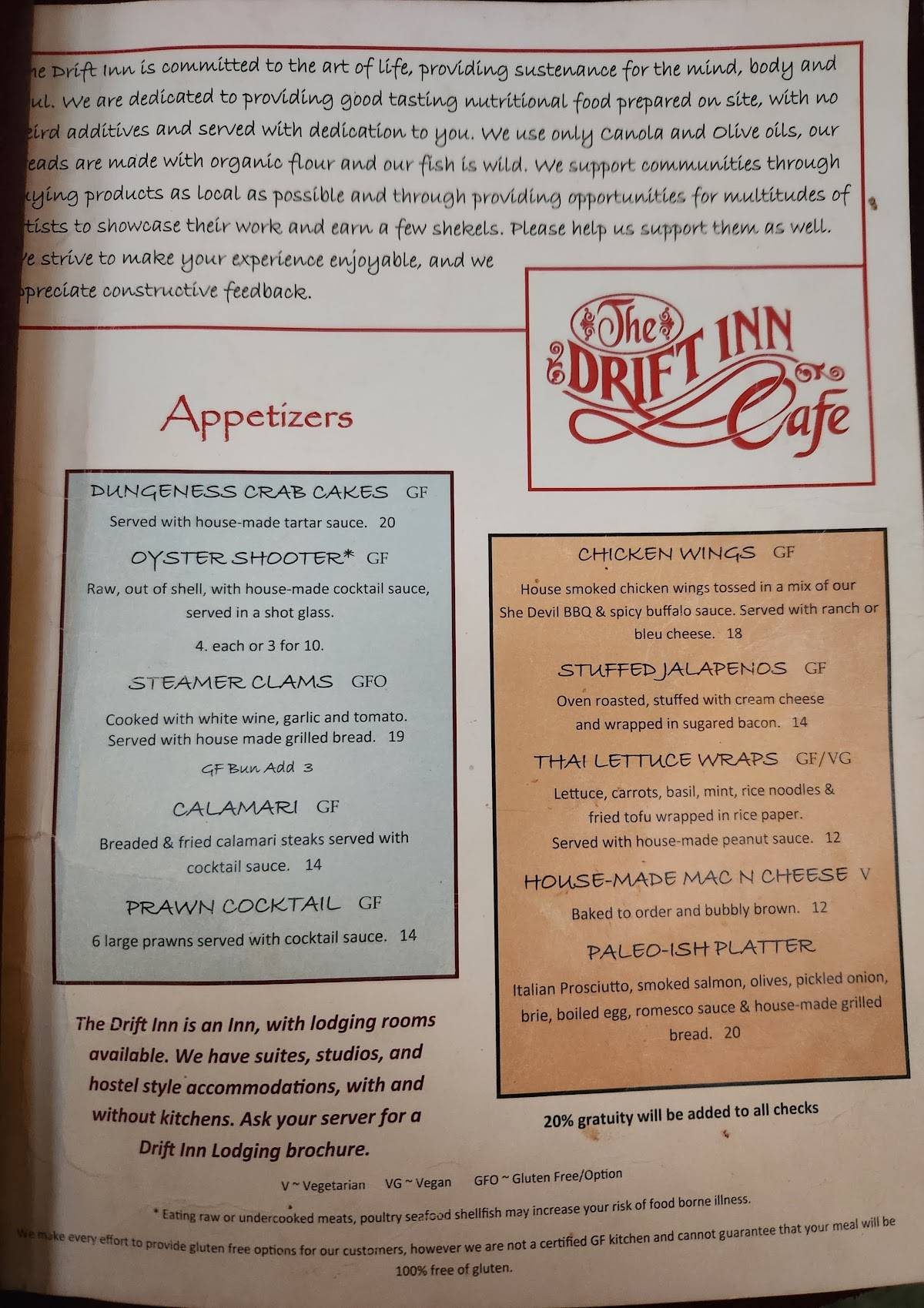 Menu at The Drift Inn Hotel and Restaurant, Yachats, 124 US-101