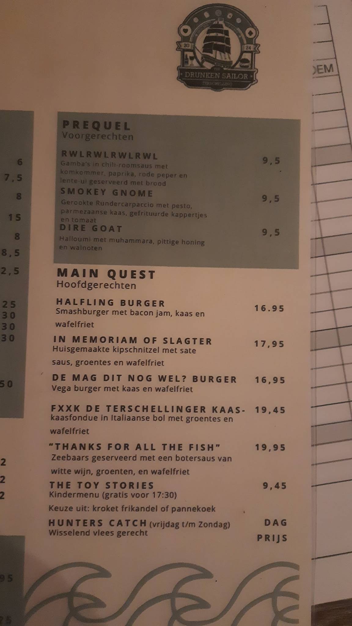 Menu at The Drunken Sailor, West-Terschelling