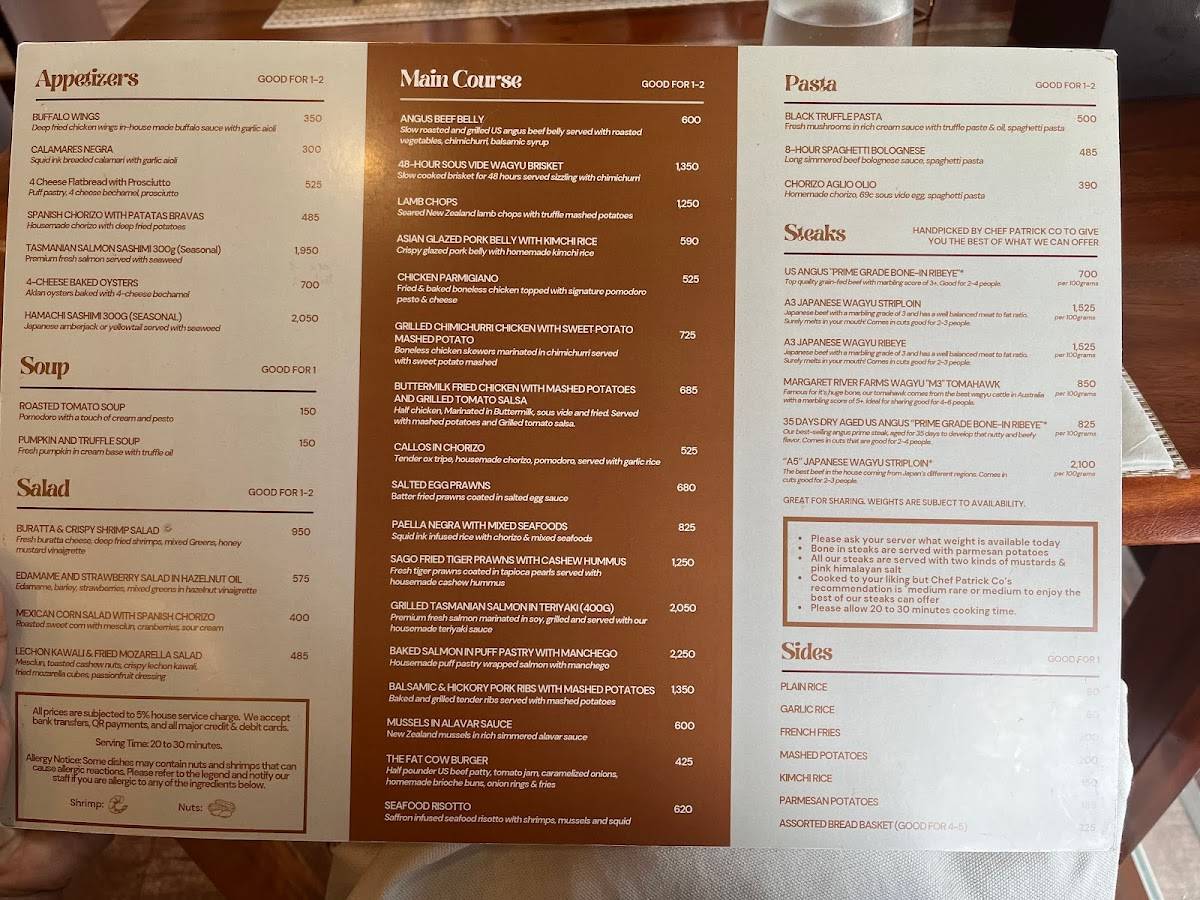 Menu at The Fat Cow restaurant, Davao City