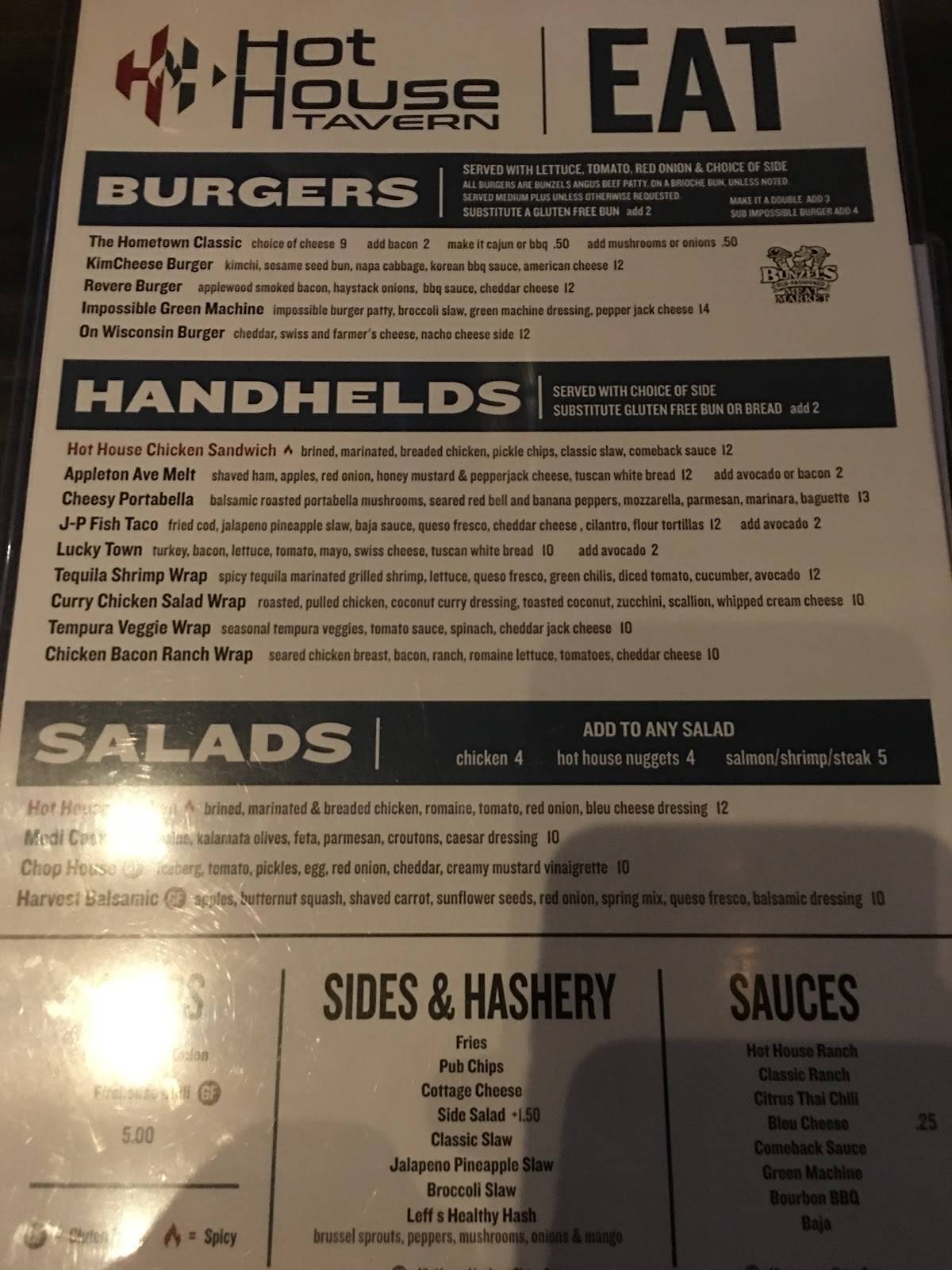 Menu at The Hot House Tavern restaurant, Menomonee Falls