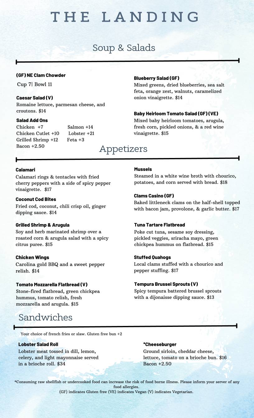 Menu at The Landing Restaurant, Newport