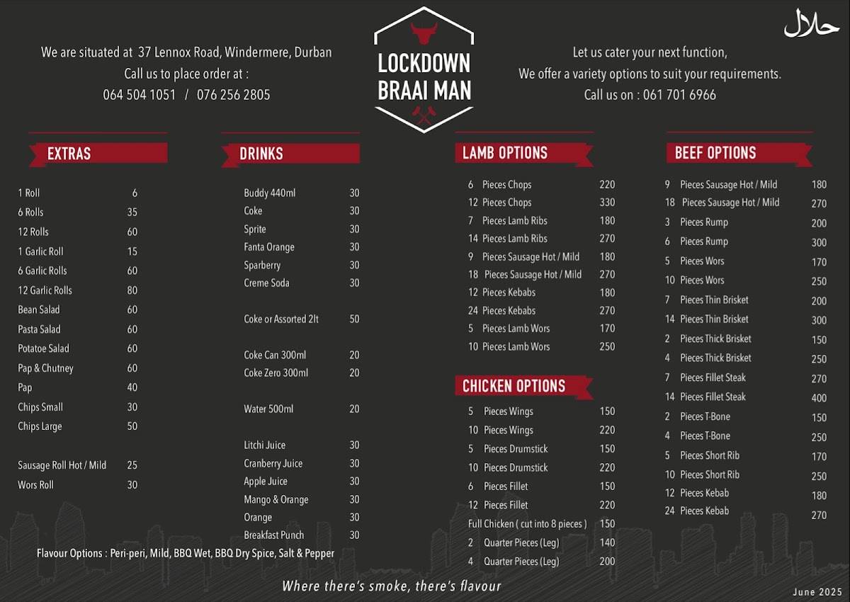 Menu at The Lockdown Braaiman restaurant, Durban