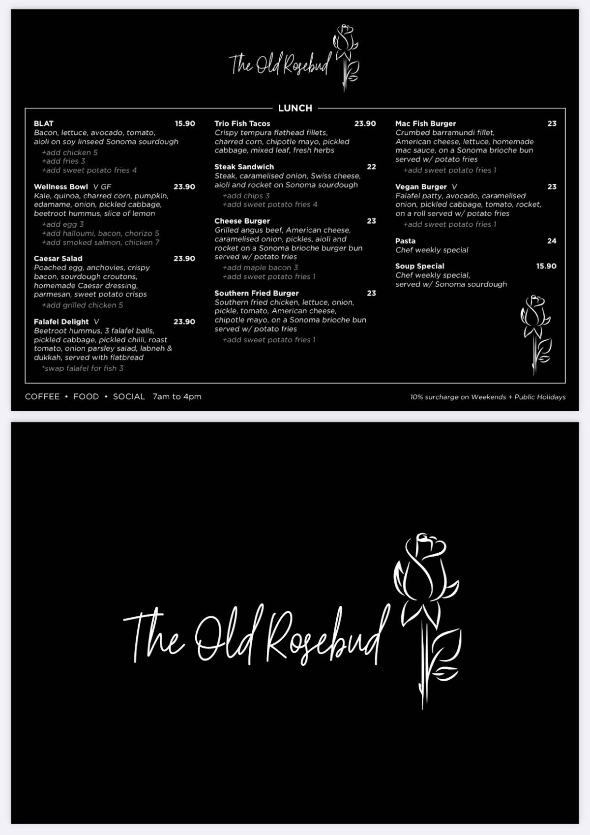 Menu at The Old Rosebud cafe, Rozelle