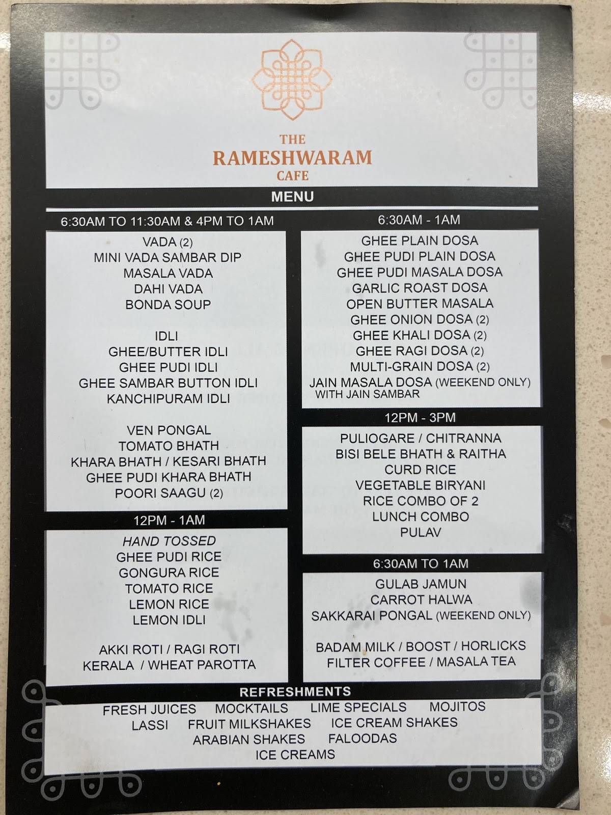 Menu at The Rameshwaram Cafe @ Brookfield, Bengaluru