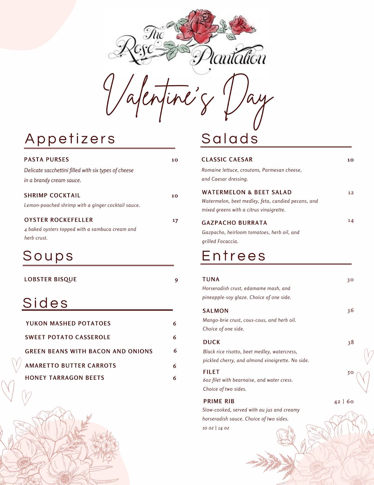 Carta del restaurante The Rose Plantation, Fruitland Park